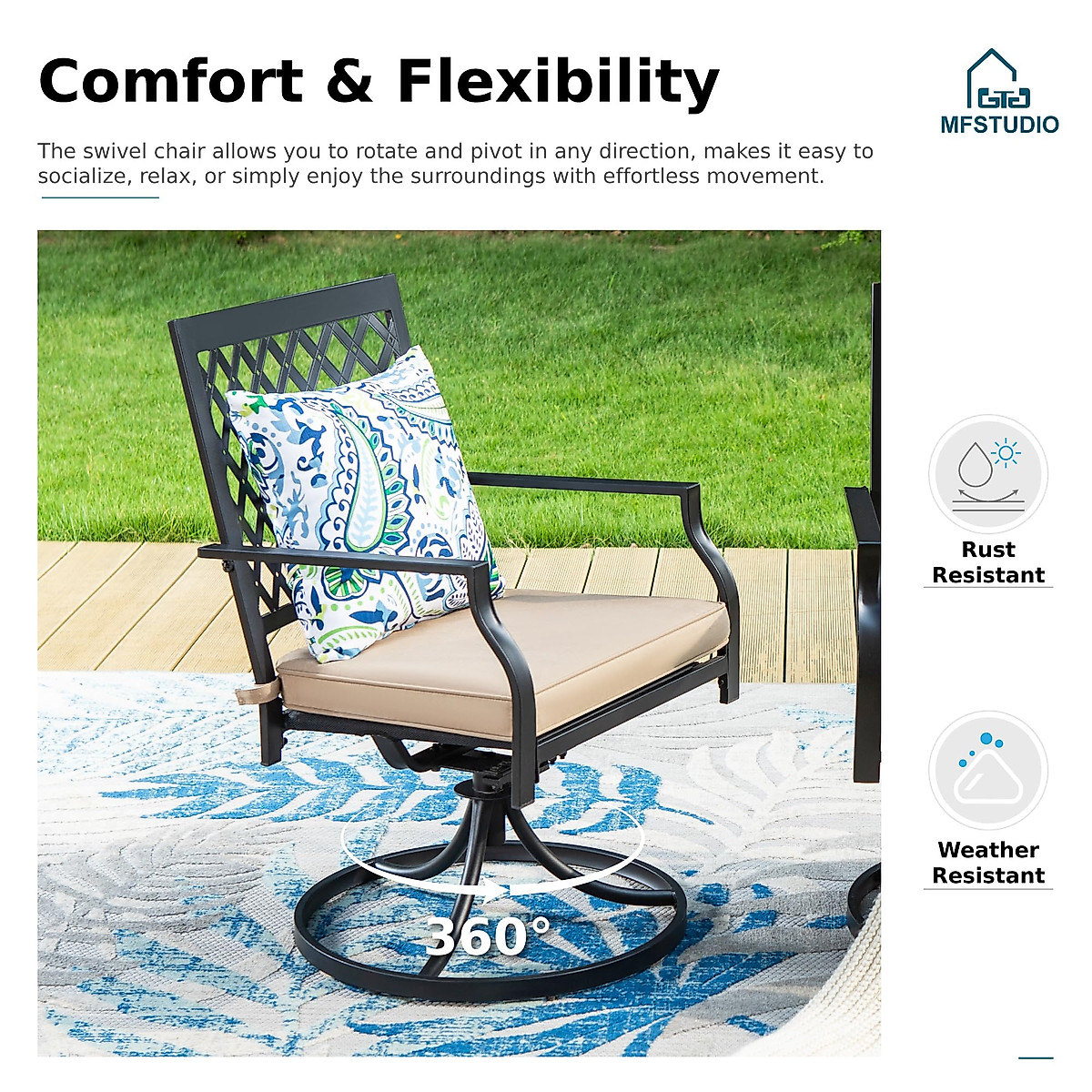 MFSTUDIO 9 PCS Patio Dining Set with Large Square Metal Slat Dining Table and 8 Swivel Metal Chair with Cushion, All Weather Outdoor Furniture for Lawn Backyard Garden