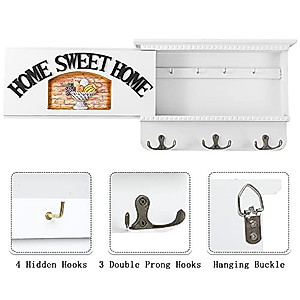 HRONRAD Farmhouse Key Holder for Wall Decorative, Home Sweet Home Decor, 3 Double Metal Key Hooks and 4 Hidden Push & Pull Cover Key Hangers, Rustic Wooden Wall Mounted Key Racks for Entryway (White)