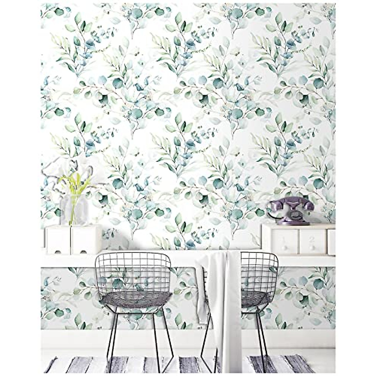 Floralplus Peel and Stick Wallpaper Boho Eucalyptus Leaf Wallpaper Removable Wallpaper Peel and Stick Floral Stick On Wallpaper for Bedroom Home Decor 17.7x118in