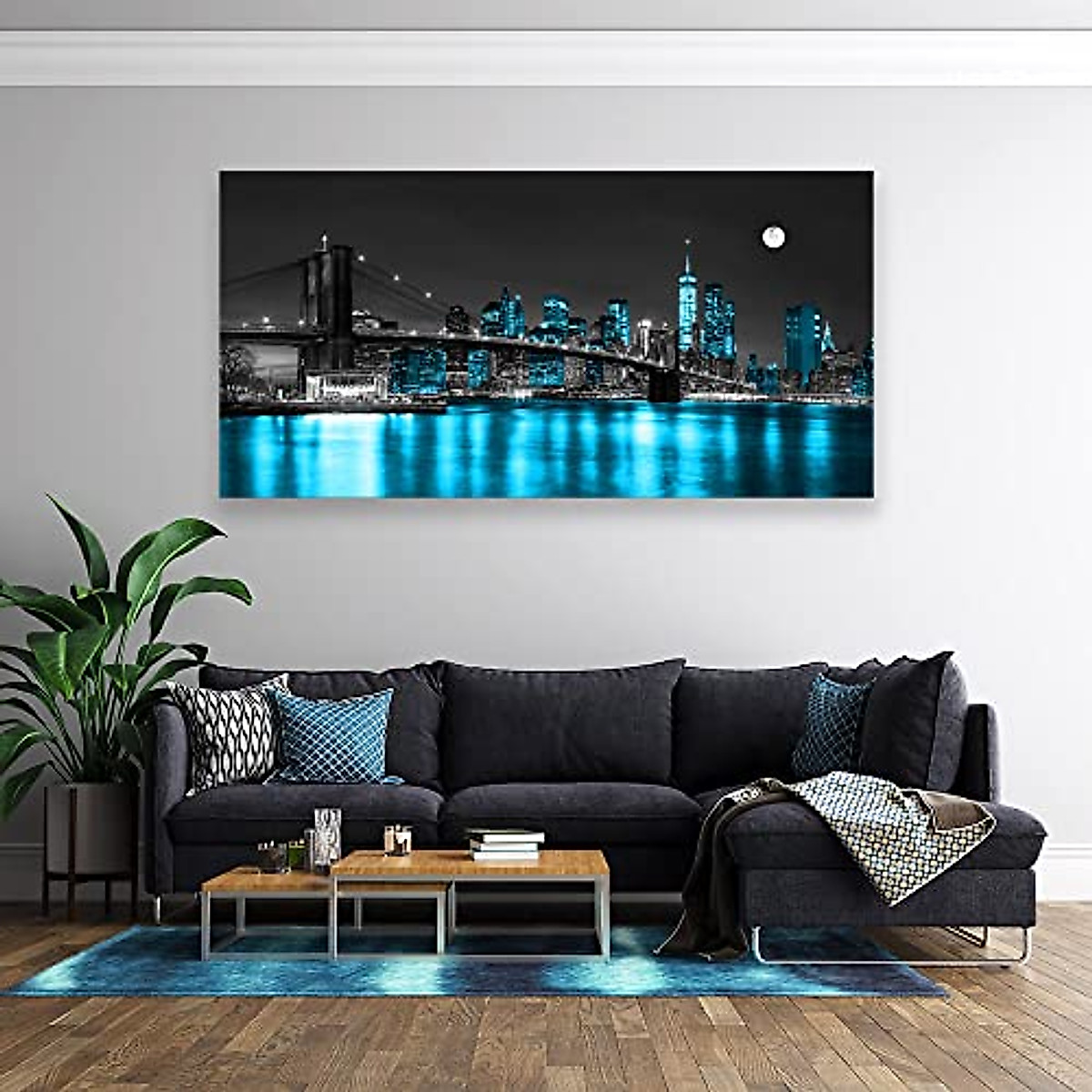 Aibonnly Wall Art Canvas Painting Black White and Blue New York Brooklyn Bridge 1 Piece Cityscape Night Building Skyline Picture Poster Print Framed for Living Room Bedroom Kitchen Office Home Decor