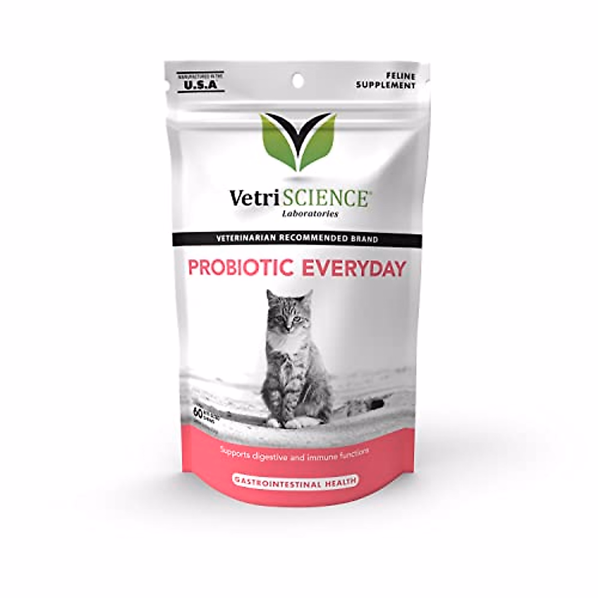 VetriScience Probiotic Everyday for Cats, Digestive Support Supplement, Duck Flavor, 60 Bite Sized Chews - Probiotics and Prebiotics, GI and Immune Support