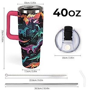 LLUTSNTH 40 Oz Vacuum Tumbler with Light Rose Red Handle Leakproof Insulated Tumbler Colorful Dinosaurs Stainless Steel Travel Mug with Lid And Straw Coffee Cup Cute Water Bottles Cup Holder Friendly