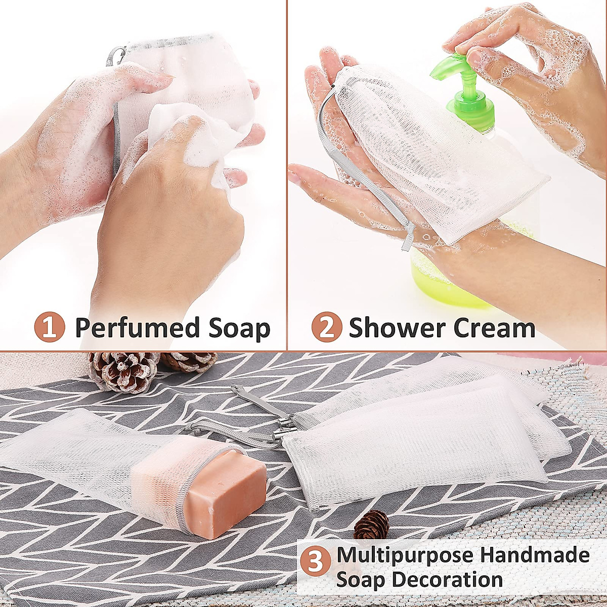 Cobahom 6 Pcs Mesh Soap Bag Mesh Foaming Net Soap Sack Bags Soap Handmade Soap Bubble Mesh Net Bags with Drawstring for Bath & Shower (Gray)