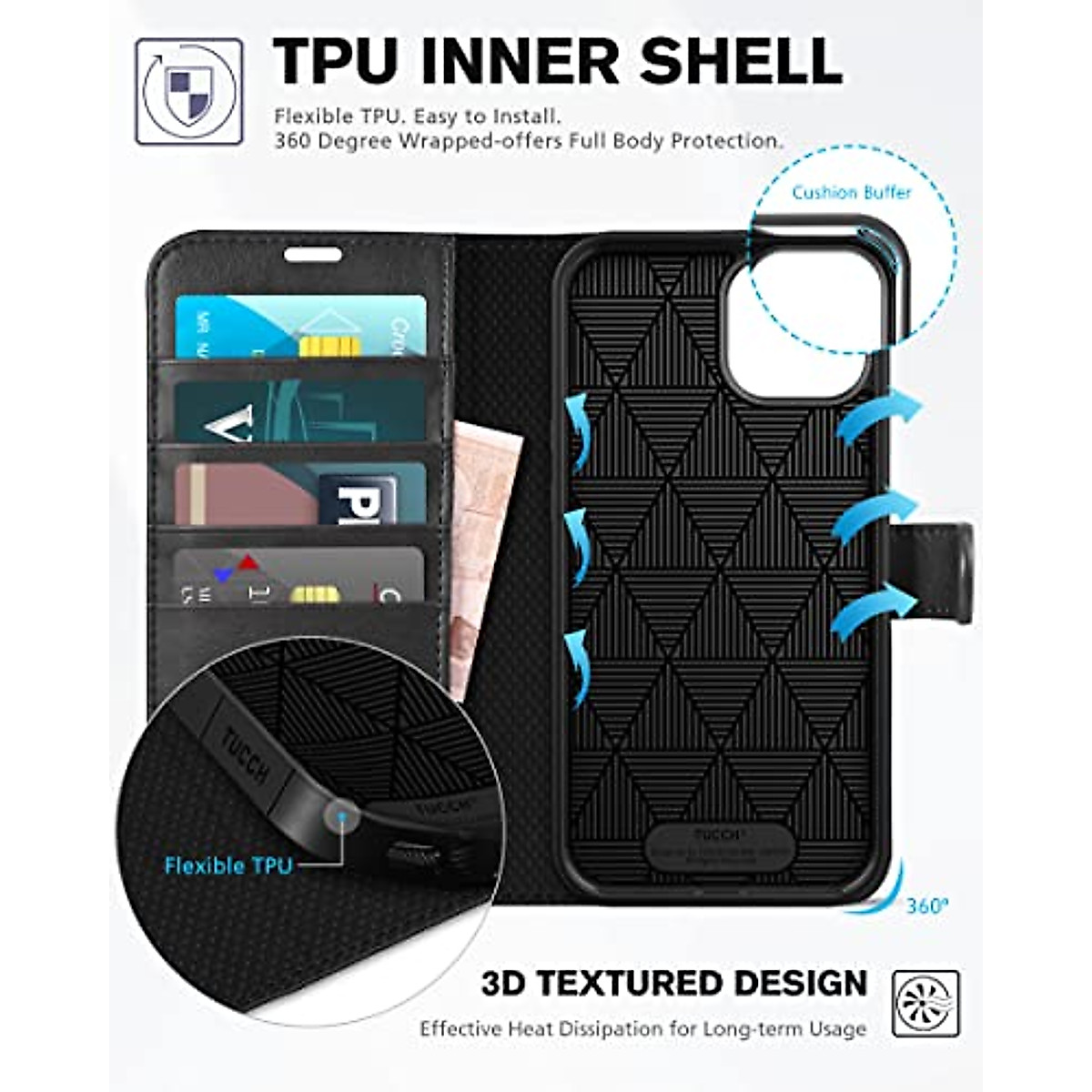 TUCCH Case for iPhone 14 Wallet Case 5G, [RFID Blocking] 4 Card Holder Stand [Shockproof TPU Interior Case] PU Leather Magnetic Protective Flip Cover Compatible with iPhone 14 6.1" 2022, Black