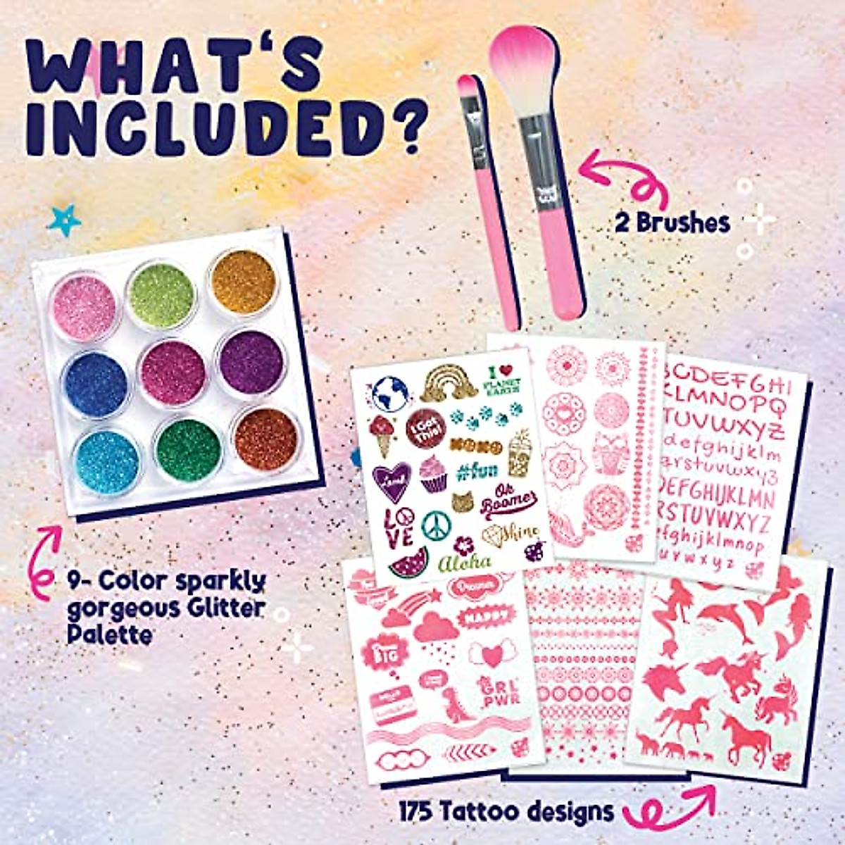 PURPLE LADYBUG Temporary Glitter Tattoo Kit - 175 No Mess Glitter Tattoos for Kids - Birthday Gifts for 7 Year Old Girls, Sleepover Party Supplies for Girls, Girls Birthday Gifts Age 8-10