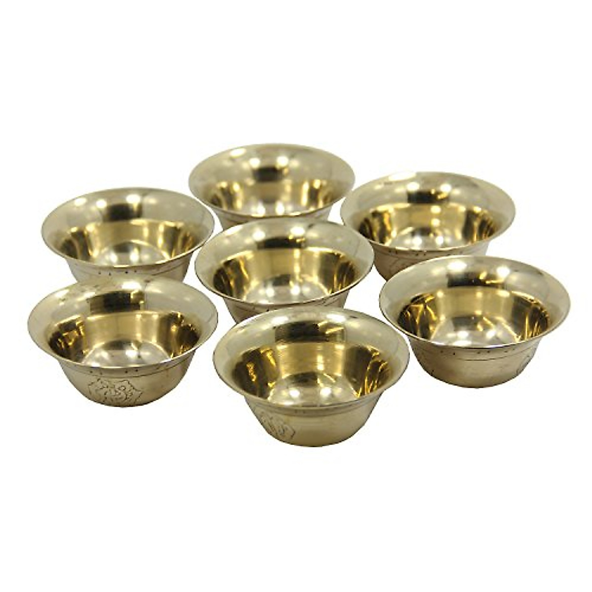 DharmaObjects Large Tibetan Buddhist 7 Water Offering Bowls Brass 3" Dia