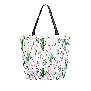 Canvas Shoulder Bag Llama Cactus Flower Large Tote Handbag Travel Satchel for Women Girls