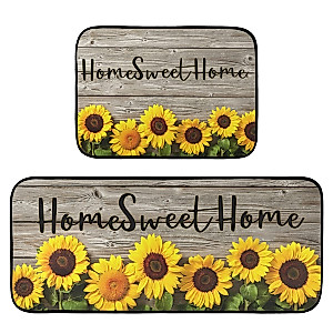 Sunflowers Wooden Kitchen Rugs Non-Slip Fall Kitchen Mat for Floor Farmhouse Kitchen Decor Accessories 2 PCS Comfort Foam Rug Doormats Standing Mat