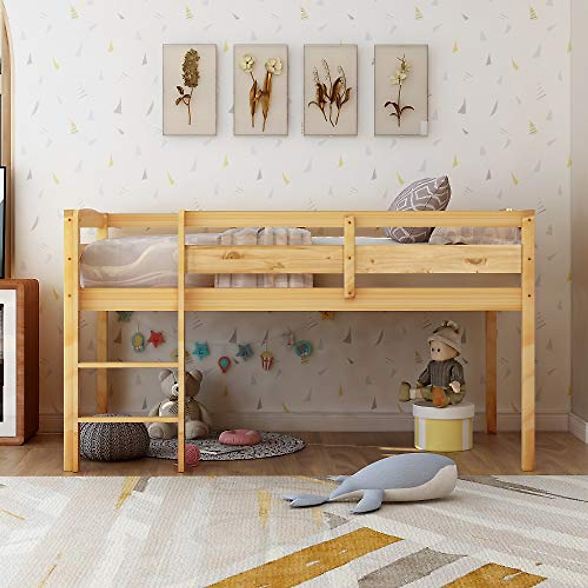 Woanke Twin Loft Bed, Solid Wood Low Loft Bed with Guard Rail and Ladder, Twin Bed for Kids Boys & Girls Room, Children Low Loft Bed with Storage for Bedroom, Walnut