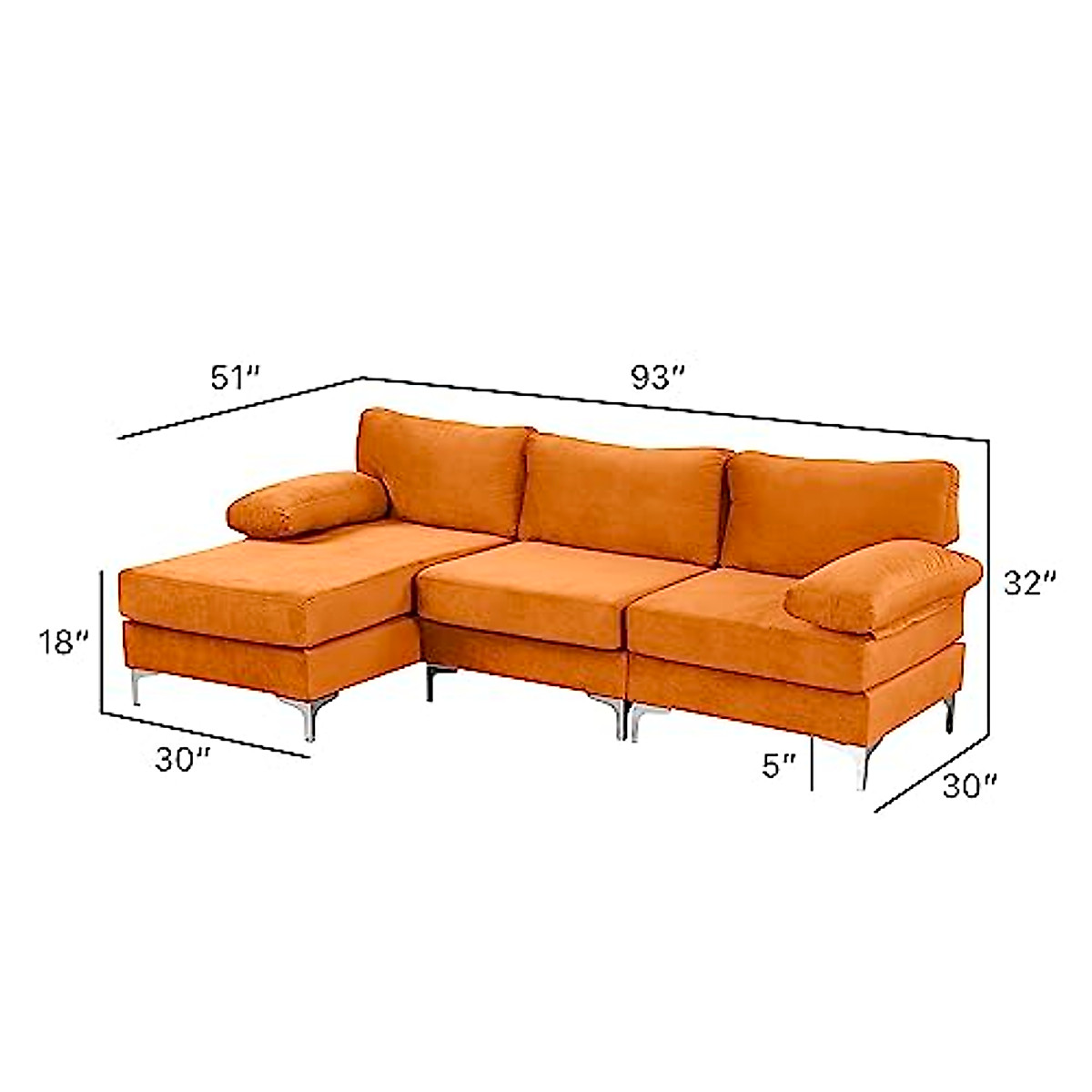 Casa Andrea Milano Modern Large Velvet Fabric Sectional Sofa, L-Shape Couch with Extra Wide Chaise Lounge, Orange