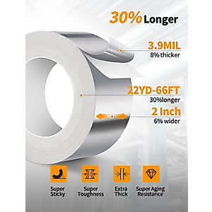 Aluminum Foil Tape,2 inch x 22 Yards-66FT (3.9 mil), Duct Tape, Heat Resistant, Insulation Tape for HVAC, Metal Repair, Heavy Duty Tape for Ductwork, Dryer Vent (22YD Silver)