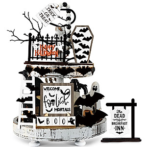 Umigy 15 Pcs Halloween Tiered Tray Decor Set Cute Halloween Bat Wooden Signs Farmhouse Rustic Tiered Tray Decoration Items for Home Table Kitchen Halloween Party Supplies