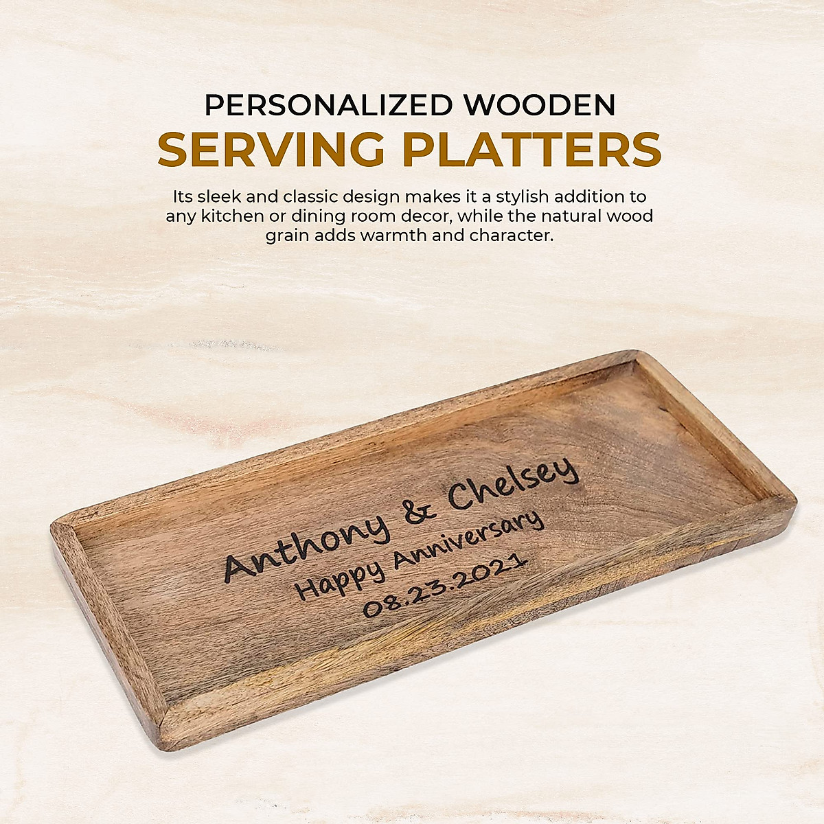 Personalized Wooden Serving Platters - Custom Wood Serving Tray with Raised Edges - Decorative Rectangular Wooden Trays for Food, Fruits, Snacks, Appetizers, and Home Parties - 12" X 5" X 0.75"
