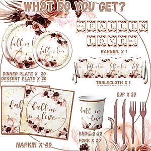 Fall in Love Bridal Shower Decorations-142pcs Fall Wedding Tableware Fall In love Pumpkin Floral Plates and Napkins for Fall Theme Wedding Engagement Supplies