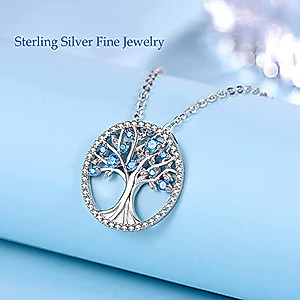 March Sterling Silver Birthstone Life Tree Necklaces S925 Birthday Necklace for Women Girls Mom Wife Daughter Grandma Necklace Valentines Mother