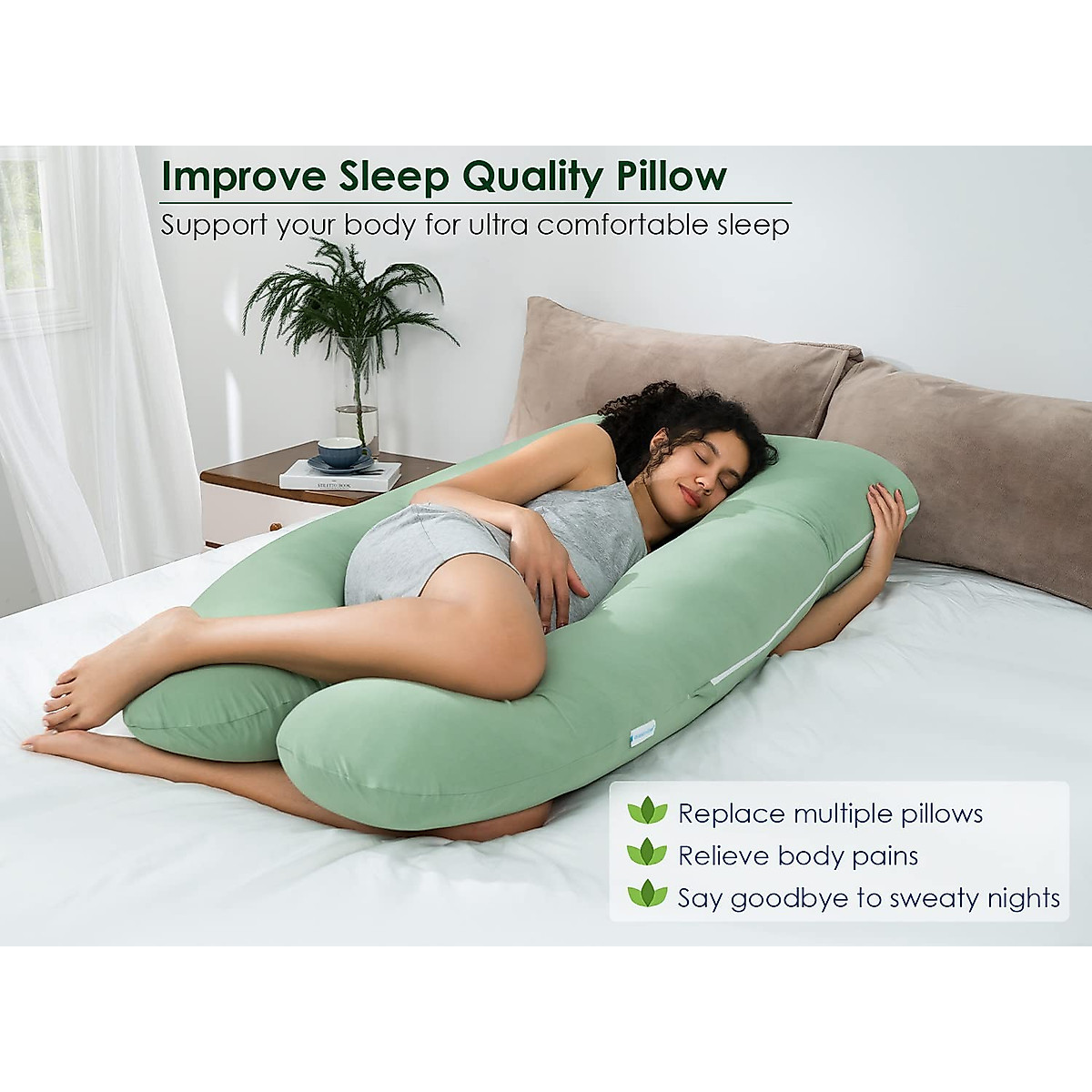 QUEEN ROSE Cooling Pregnancy Pillows, U Shaped Full Body Maternity Pillow for Pregnant Support, Rayon Derived from Bamboo, Buttery Soft, Super Breathable for Hot Sleeper, Green