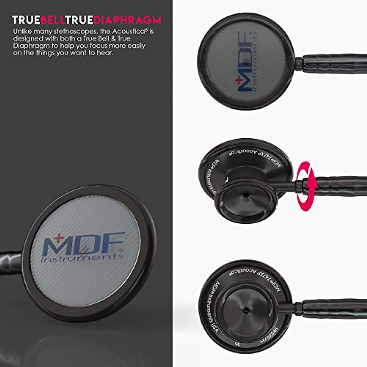 MDF Acoustica Lightweight Stethoscope for Doctors, Nurses, Students, Home Health Use, Adult, Dual Head, Black Tube, Black Chestpiece-Headset, MDF747XPBO