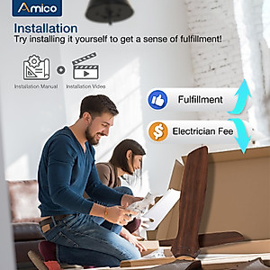 Amico Ceiling Fans with Lights, 52 inch Indoor/Outdoor Ceiling Fan with Remote Control, Reversible DC Motor, 5 Blades, 3CCT, Dimmable, Damp Rated Wooden Ceiling Fan for Bedroom, Patio, Porch