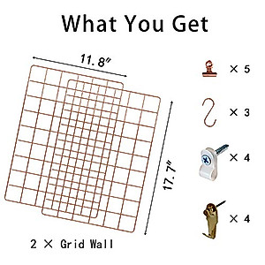 FRIADE Wall Grid Panel for Photo Display,Wall Storage Organizer ,5 Metal Clips & 3 S Hooks & 4 Nails & 4 Plastic Hanging Buckles and 4 Screws Offered,Size 17.5" x 11.8",2 Pack(Rose Gold)