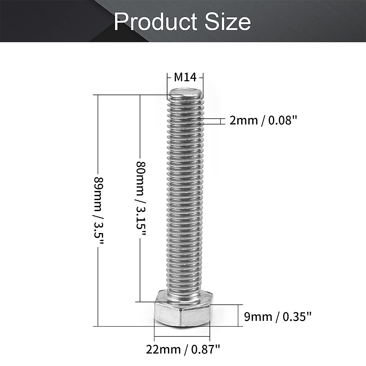MroMax 2Pcs M14 x 80mm Hex Head Screws Bolts, 304 Stainless Steel 18-8, Fully Threaded, External Hex Drive, for Mounting Chair, Handles, Rail, Pump, Wheels, Antenna Parts, Boat and Plastic Bumpers
