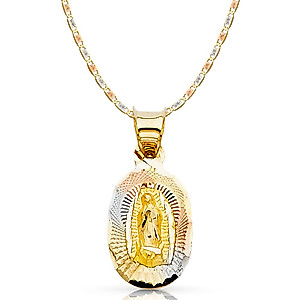 Ioka 14K Tri Color Gold Diamond Cut Our Lady of Guadalupe Stamp Charm Pendant with 1.5mm Valentino Chain Necklace - 18"