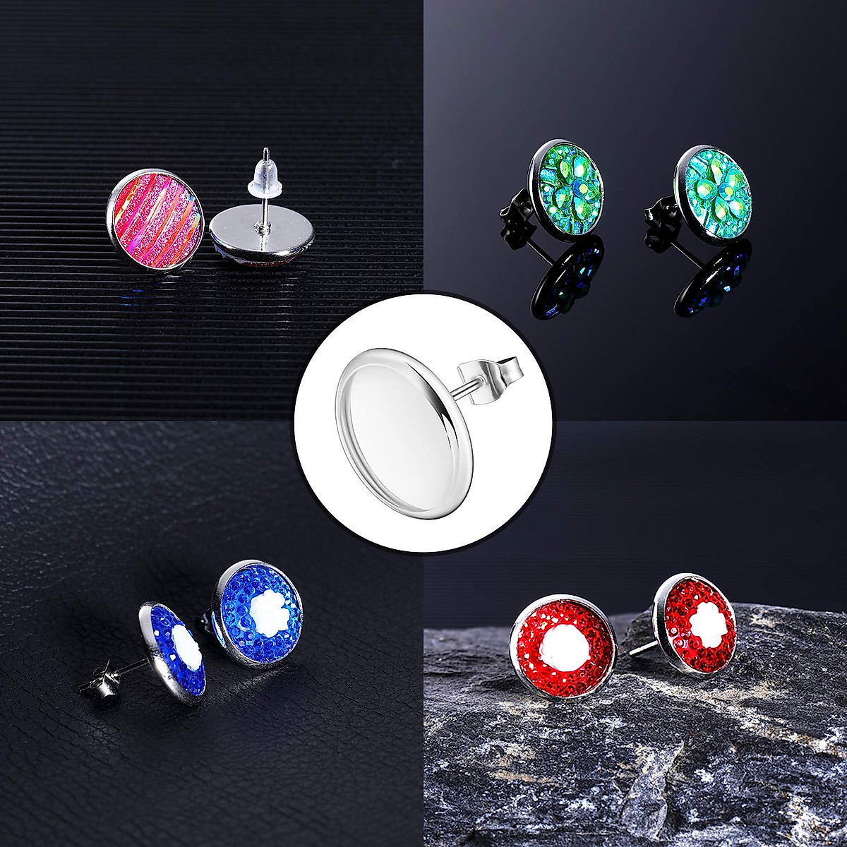 300 Pieces Stud Earring Kit Include 100pcs 12 mm Stainless Steel Blank Stud Bezel Settings 100 Rubber Backs 100 Earring Backs (Silver with Silver and Clear)