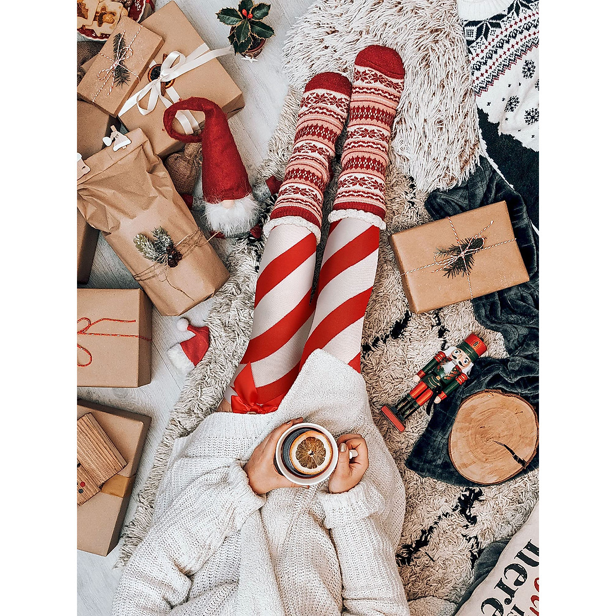 Eurzom 4 Pairs Christmas Striped Socks Red and White Striped Socks Women Long Striped Candy Cane Knee High Socks Leg Stockings for Women