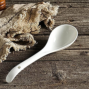 Bright White 6.75 inch Asian Soup Spoon Set of 4, Ultra-fine Porcelain Tablespoon, Chinese Soup Spoons/Japanese Kitchen Soup Spoons for Cereal, Small Spoons for Ramen Pho - Deep Oval Hook Design