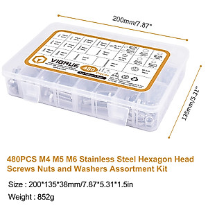 VIGRUE 480PCS M4 M5 M6 Bolts Nuts Assortment Kit, Heavy Duty 304 Stainless Steel, 13 Metric Common Sizes Included