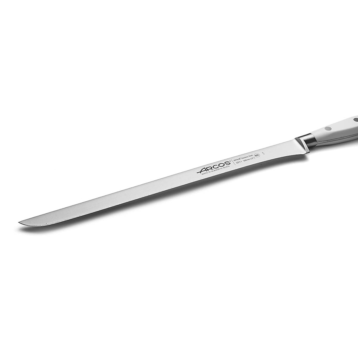 ARCOS Forged Slicing Knife / Ham Knife 12 Inch Nitrum Stainless Steel and 300 mm blade. Ergonomic Polyoxymethylene POM Handle. Series Riviera Blanc. Thin blade with a characteristic smooth edge. Color White.