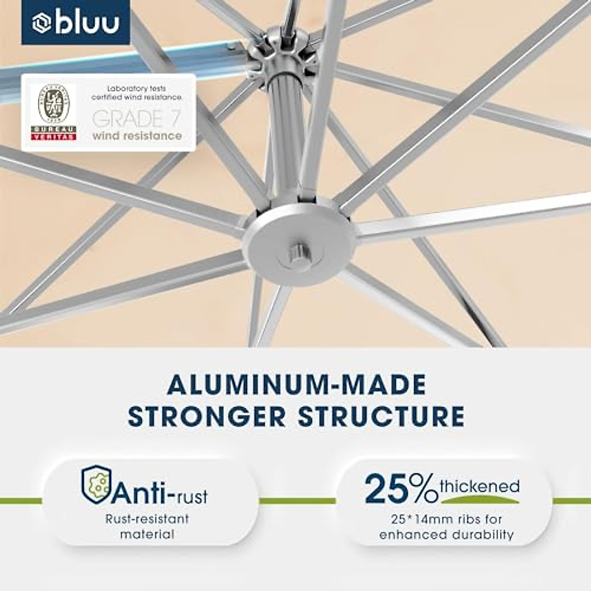 BLUU BANQUET 12ft 2-Tiers Aluminum Patio Umbrella Cantilever Offset Umbrella 60 Month Fade Resistance & UV Protection Outtra Recycled Fabric, 360 Rotation Aluminum Pole with Cross Base（Cream Beige）
