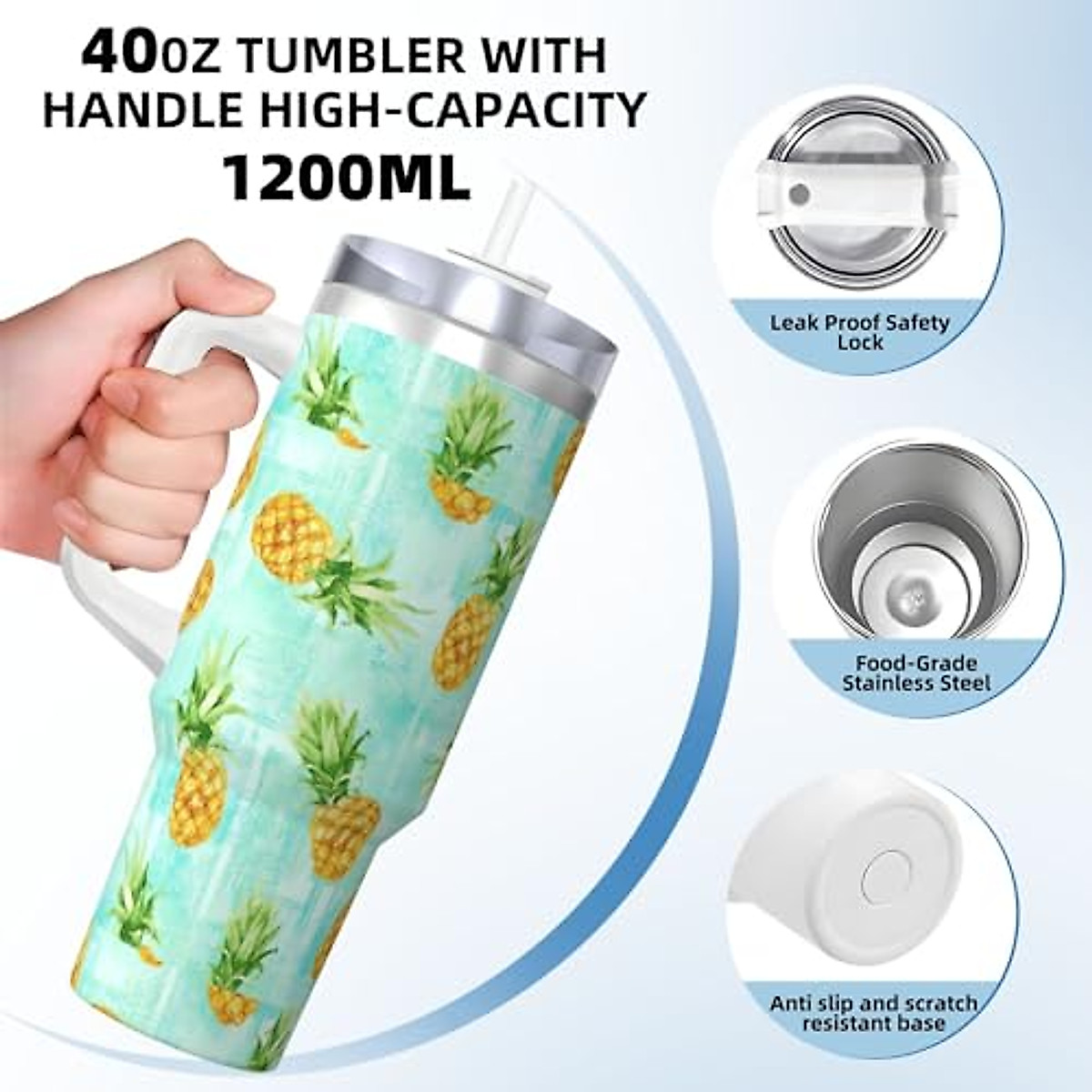 HULIBIN Green pineapple. Print Double Deck Stainless Steel Travel Coffee Cup With Lid 40 Oz Ice Bully Cup