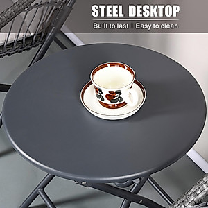 HWB Foldable 3-Piece Patio Bistro Set with Folding Rattan Chairs and Round Table - Small Outdoor Furniture for Balcony, Garden, Backyard, Restaurant, Cafe Bar (Grey)