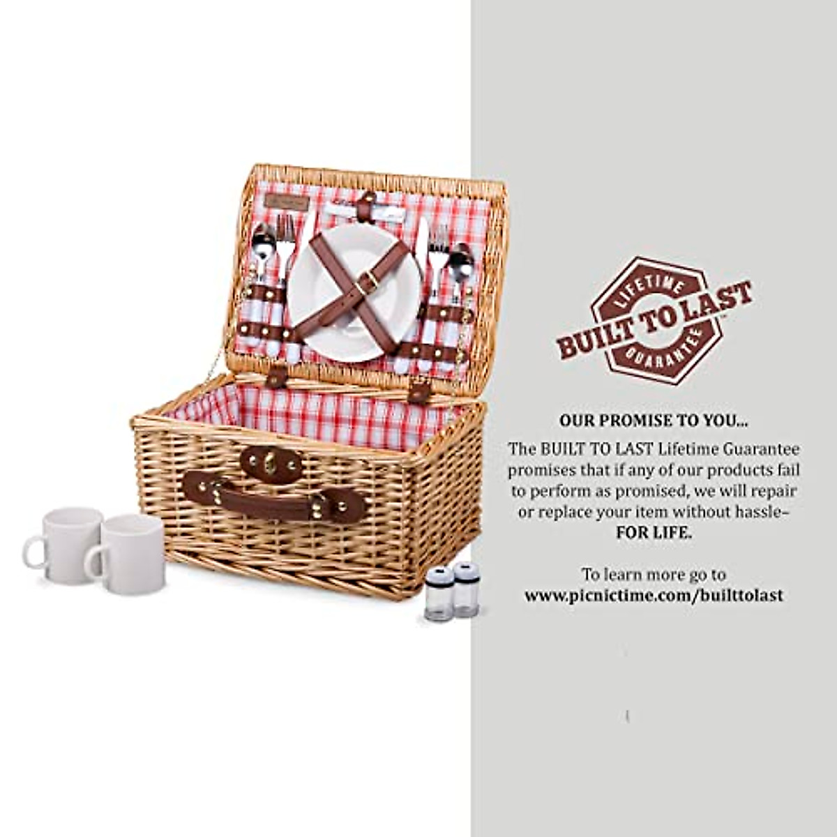 PICNIC TIME Catalina Picnic Basket for 2 - Wicker Picnic Basket with Picnic Set, (Red & White Plaid Pattern)