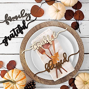 Whaline 12Pcs Fall Thanksgiving Plate Decoration Grateful Thankful Blessed Family Wooden Cutout Cards Sign Autumn Harvest Table Plate Ornament for Home Table Farmhouse Party Supplies