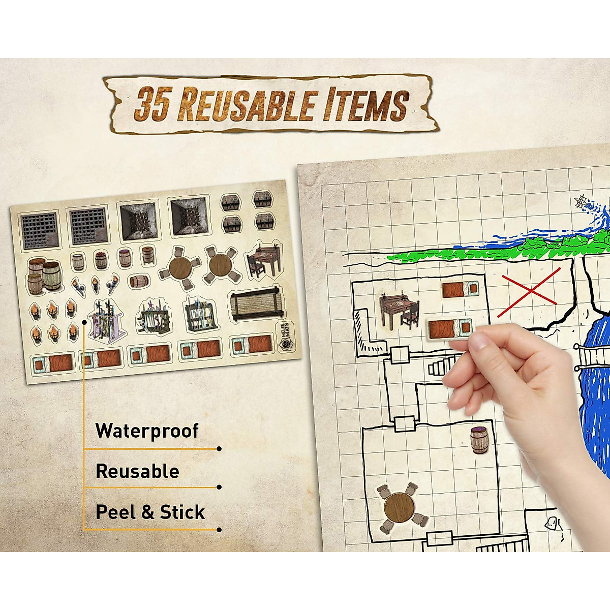 Melee Mats DND Map Starter Kit for Dungeons & Dragons Game - 24” x 36" 3 Pack Double Sided, Wet/Dry Erase Battle Terrain Grid - Ultimate Tabletop Board Gaming Experience with Accessories