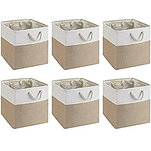 6 Pieces Cube Storage Bins Small Foldable Storage Cube Baskets with Sturdy Carry Handles Multipurpose Storage Cube Baskets Organizer Bin for Home, Office, Nursery (White, Light Brown, 13 x 13 Inch)