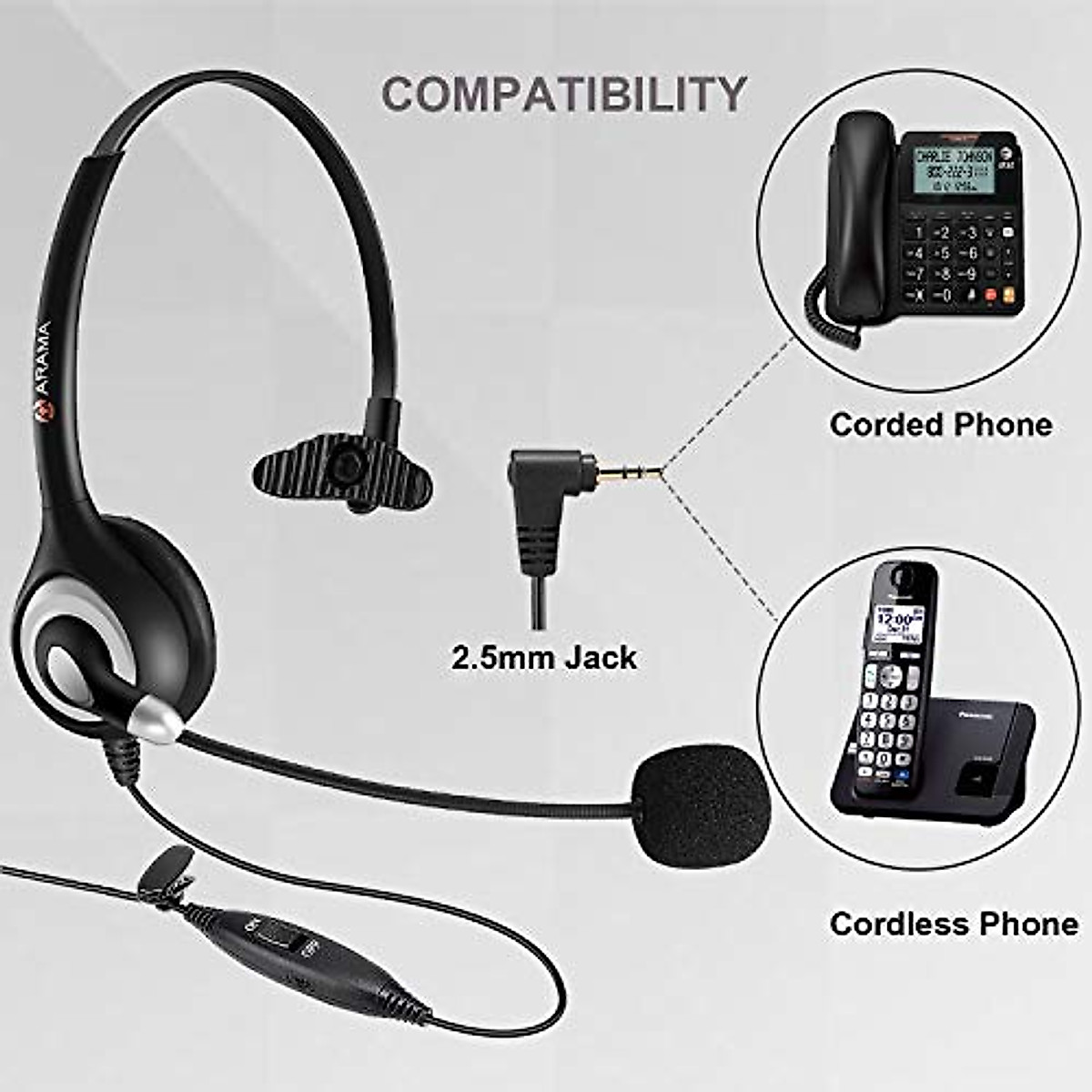 Phone Headset 2.5mm with Noise Canceling Mic & Mute Switch Telephone Headset for Panasonic AT&T Vtech Uniden Cisco Grandstream Cordless Phones