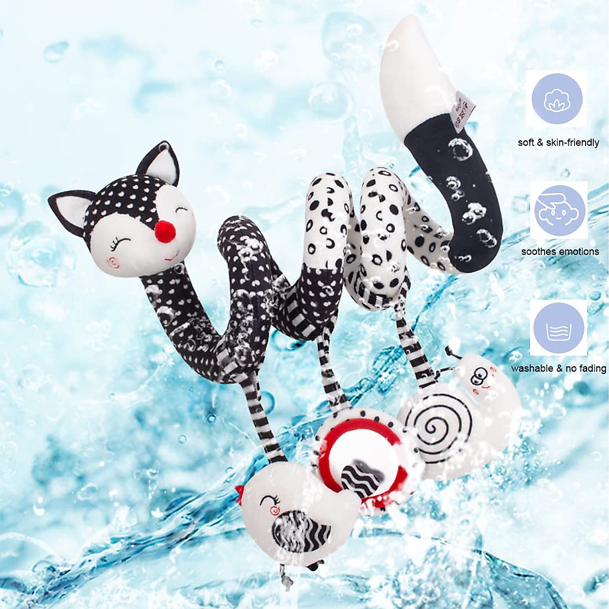 KKUYT Car Seat Toy for Baby, Infant Baby Spiral Plush Toys Stroller Toys Hanging Crib Activity Toy for Crib Bed Stroller Car Seat, Hanging Rattle Toy for 0-12 Months Newborn Baby-Black & White Fox