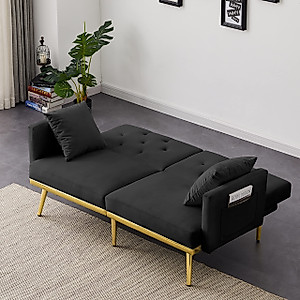 Antetek Convertible Futon Sofa Bed, 59-inch Modern Velvet Sleeper Sofa Small Loveseat with Two Pillows, 3 Adjustable Positions and 6 Golden Metal Legs Furniture for Living Room and Bedroom, Black