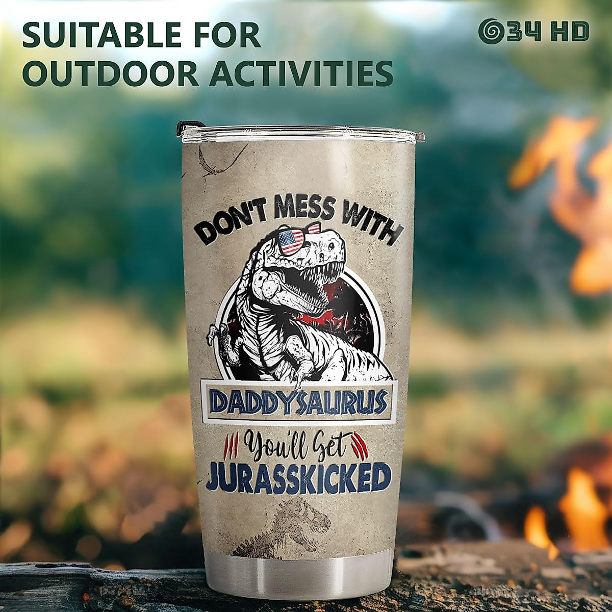 34HD Daddysaurus Tumbler with Lid, 20oz Stainless Steel Insulated Dinosaur Dad Mug, Funny Daddy Drinking Cup, Birthday Christmas Father Day Gifts for New Papa Bonus Dad Husband Grandpa