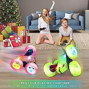 OrrenteRemote RC Cars, Remote Control Car with Wheel Lights and Headlights, Double Sided 360° Rotating RC Car, 4WD RC Truck for 6 Year Old Boy Gifts 2.4Ghz Stunt Kids Toy Car for Boys Girls (Green)