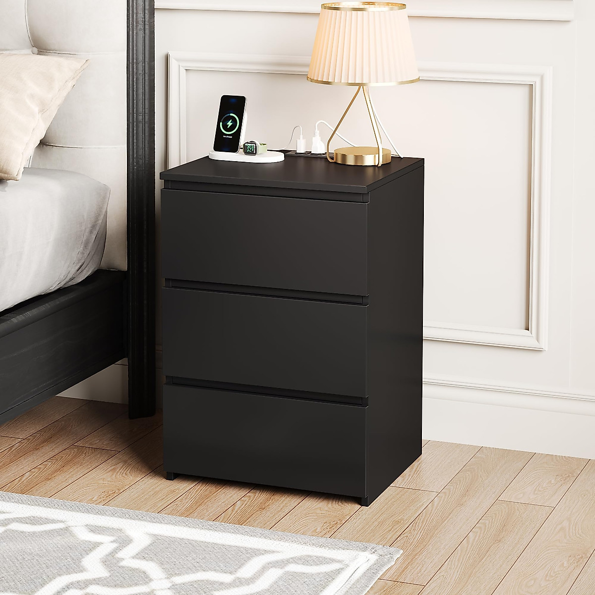 FOTOSOK Black Nightstand, 26" H Black Night Stand with Charging Station, Black Nightstand with USB Ports & Power Outlets, Silent Slides, Wooden End Side Table Bedside Table with 3 Drawers for Bedroom