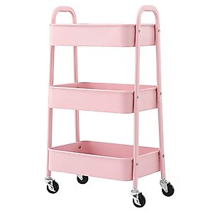 MTYLX Trolley,Cart,Household Multi-Layer Trolleys,Cart Family Restaurant 3 Layers Plus Thick Side Handles Design 360 Degrees Swivel Castors Easy to Clean, 3 Colors,Pink,40X28X74Cm