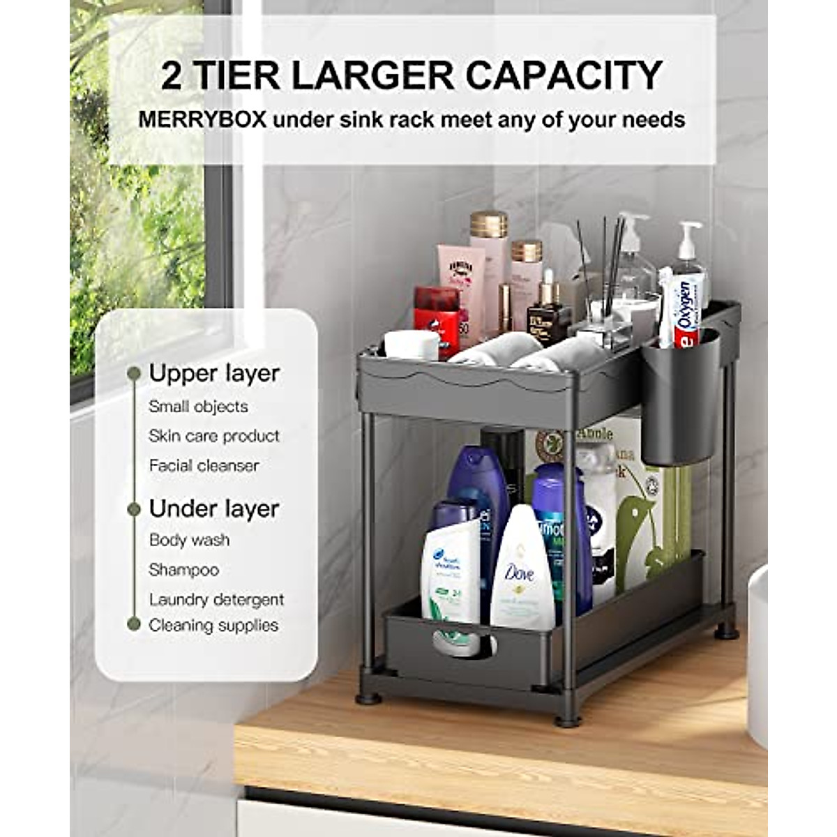 MERRYBOX Under Sink Organizers and Storage, Sliding Under Cabinet Bathroom Organizer, 2 Tier Kitchen Under Sink Shelf Organizer Pull Out Drawer with Hooks, Hanging Cup, Non-Slip Feet, Black, 1 Pack
