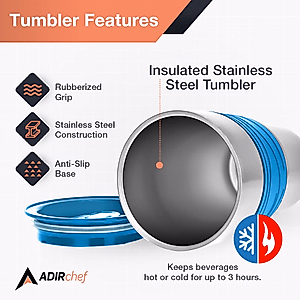 AdirChef Travel Mug 15 Oz - Insulated BPA Free Stainless Steel Vacuum Tumbler w/Spill Proof Slide Lid for Hot/Cold Drinks Great for Outdoor, Driving, Home or Office Use (Crystal Blue)