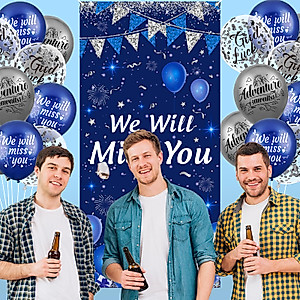 Blue Silver We Will Miss You Decorations Navy Blue We Will Miss You Door Cover Banner and 18pcs We Will Miss You Balloons for Men Women Retirement Graduation Going Away Farewell Party Decor Supplies