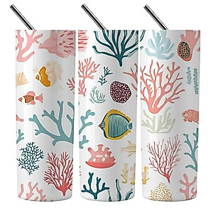 Tumbler with Lid and Straw Cartoon Water Plants and Fish thermos coffee travel mugcute cups 20 oz insulated tumbler for Daily Holiday Decor Gift coffee cup