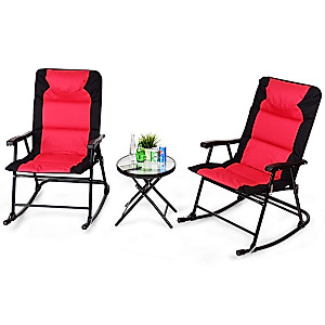 Tangkula 3 Pieces Folding Bistro Set, Outdoor Rocking Chairs with Round Table Set, Foldable Chairs & Glass Top Coffee Table, Patio Folding Furniture Set for Backyard, Garden, Poolside, Porch (Red)