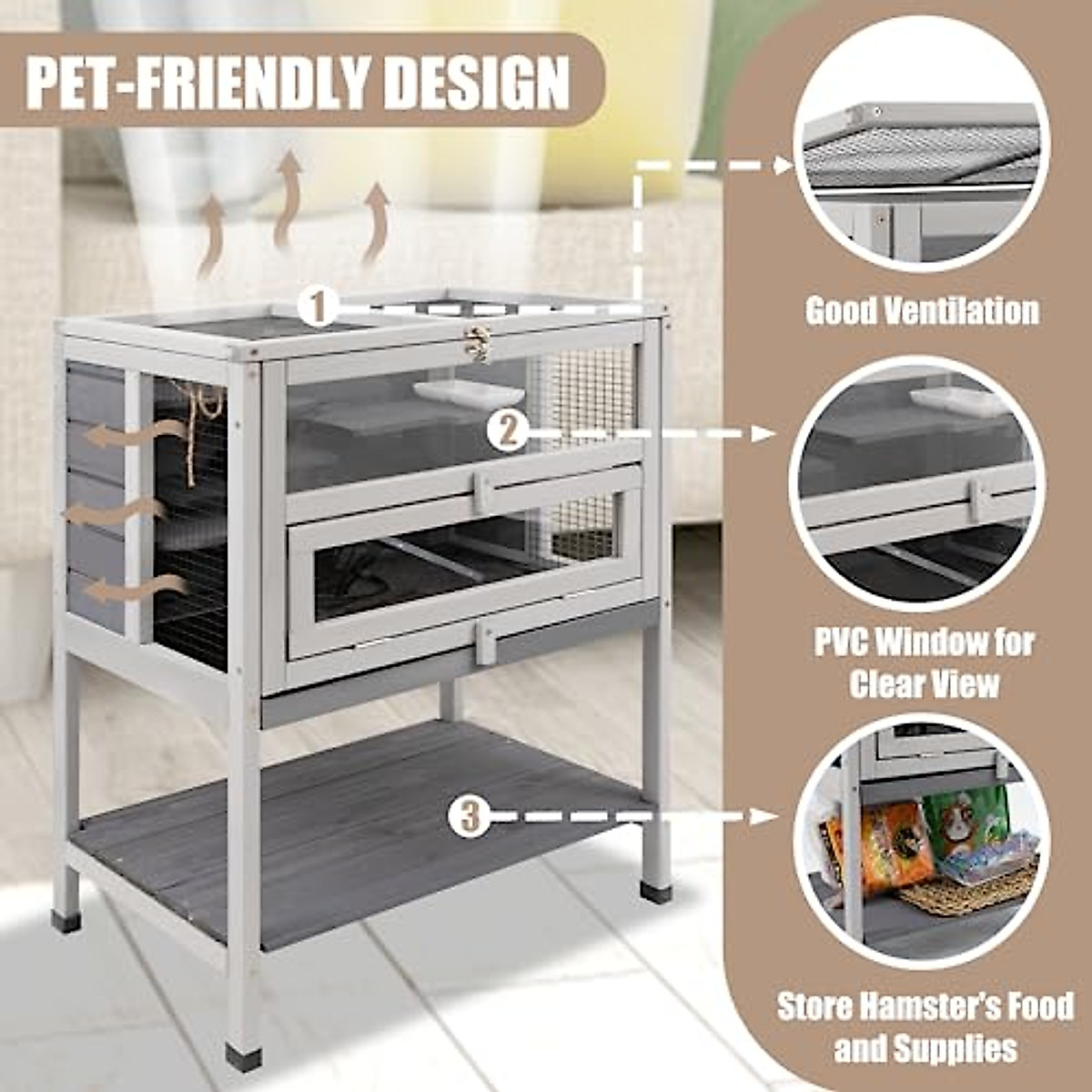 PetsCosset Large Hamster Cages, Wooden Hamster Cages and Habitat with Food Bowl, Shelf and Ladder, Openable Top, Indoor Guinea Pig Cage with Deep Not Leakage Pull Out Tray (23.6" L X 15.7" W X 31.5”H)